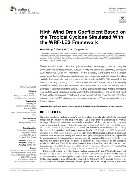 Pdf High Wind Drag Coefficient Based On The Tropical Cyclone Simulated With The Wrf Les Framework