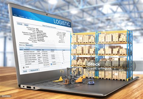 물류 개념입니다 노트북 키보드에 골 판지 상자와 지게차 3 차원 일러스트 레이 션 3차원 형태에 대한 스톡 사진 및 기타 이미지 3차원 형태 개념 개념과 주제