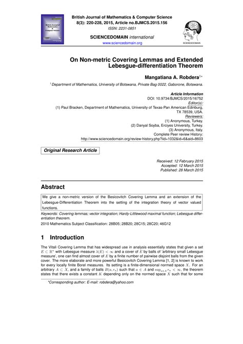 Pdf On Non Metric Covering Lemmas And Extended Lebesgue Differentiation Theorem
