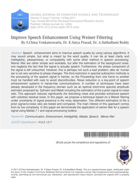 PDF Improve Speech Enhancement Using Weiner Filtering