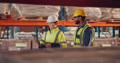 계획 재고 관리 또는 재고 관리를 위한 창고의 물류 팀 또는 노트북 여성 운영 관리자 안전 정보 수출에 대한 논의 또는 검사를 위한 선반의 남성 또는 기술자 25 29세에