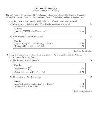 Edexcel Pure 1 Chapter 11 Unit Test Vectors Teaching Resources