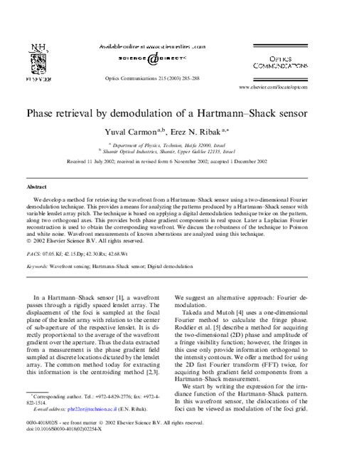 Pdf Phase Retrieval By Demodulation Of A Hartmannshack Sensor