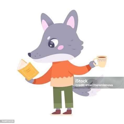 귀여운 늑대 독서 책 숲 힙스터 캐릭터 들고 커피 한잔 열린 종이 책 0명에 대한 스톡 벡터 아트 및 기타 이미지 0명