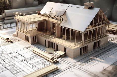 Premium Ai Image House Architecture Model On Top Of Blueprints Generative Ai