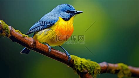 一只蓝黄相间的鸟栖息在树枝上高清摄影大图 千库网