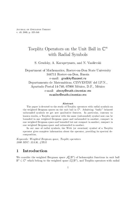 Pdf Toeplitz Operators On The Unit Ball In C N With Radial Symbols