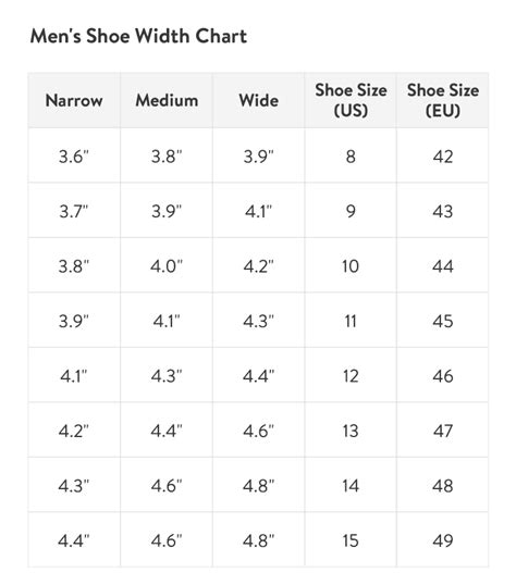 Wide Width Shoe Chart
