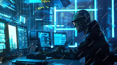 Futuristic Hacker Working On A Computer In A Cyber Security Network Premium Ai Generated Image