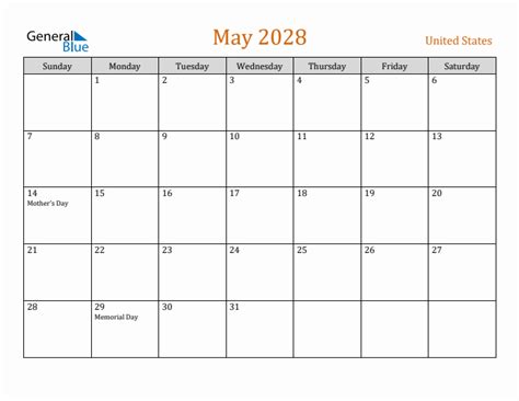 May 2028 Monthly Calendars With United States Holidays