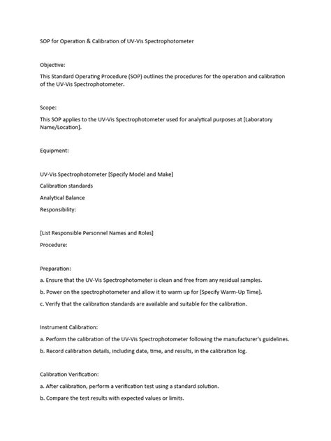 Sop For Operation And Calibration Of Uv Vis Spectrophotometer Pdf