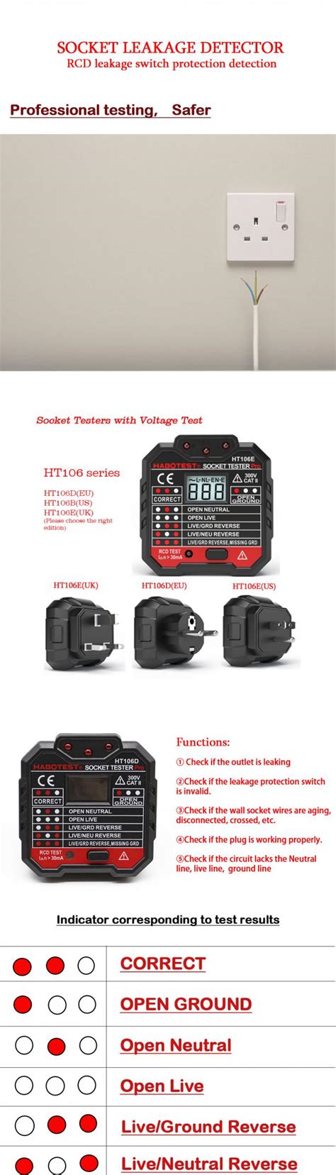 Open Neutral Plug Socket Tester HT107E Wall Socket Tester