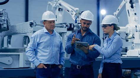 자동화 엔지니어링 및 분석 연구 및 기계를 위해 실험실에서 태블릿을 계획하는 사람들 로봇 시스템 장비 및 소프트웨어를 위한