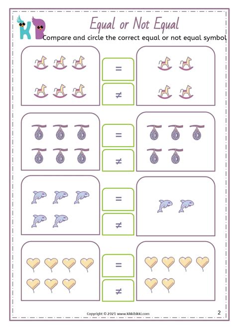equal not equal worksheets for kindergarten