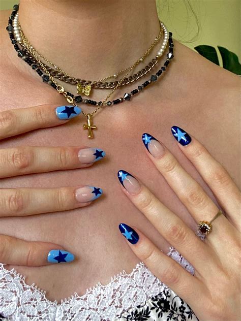 Light Blue And Navy Star Gel Extension Nails Simple Nails Gel Nails