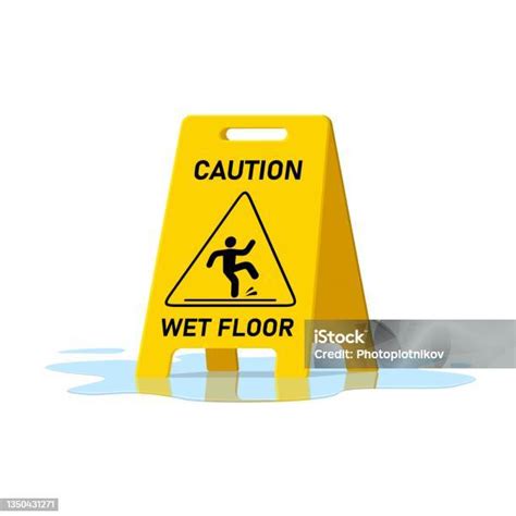 젖은 바닥주의 표지판과 흰색 배경에 고립 된 물 웅덩이 공공 경고 노란색 기호 클립 아트 미끄러운 표면은 플라스틱 보드 디자인 요소를 조심합니다 떨어지는 인간의 그림 벡터