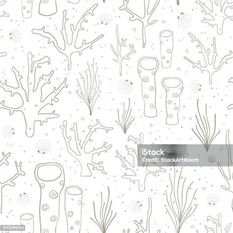 산호 암초 원활한 벡터 배경입니다 산호 바다 식물 해 초 스폰지 조개 조개와 수 중 패턴입니다 손으로 그린 미묘한 바다 낙서 배경 직물 디지털 종이 웹 장식에 사용 0명에