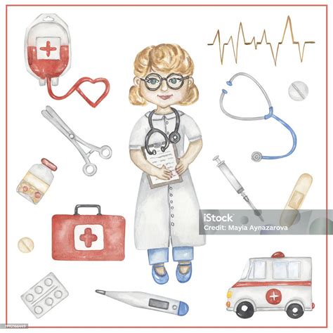 수채화 의사 클립 아트 손으로 그린 의학 용품 그림 병원에서 일하는 여자 아이 학교 카드 클립 아트 교육 직업과 귀여운 어린이 그래픽 간호사에 대한 스톡 벡터 아트 및 기타