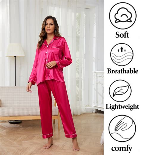 Women Silk Satin Pajamas Set Long Sleeve Button Down Pajama Set 2 Piece