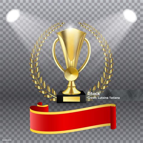 빨간 리본에 골드 월계관 및 텍스트 공간 현실적인 골든 트로피 1위에 대한 스톡 벡터 아트 및 기타 이미지 1위 3차원 형태 Championship Istock