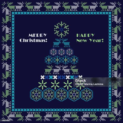 크리스마스 트리와 눈송이와 인사말 카드 십자가의 디자인 12월에 대한 스톡 벡터 아트 및 기타 이미지 12월 겨울 계절 Istock