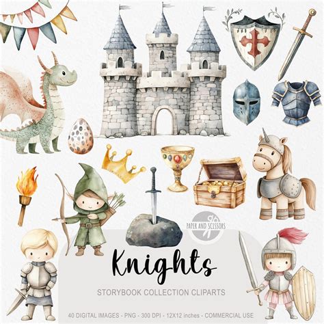 40 Cute Knight Clipart Watercolor Kingdom Storybook Prince Princess