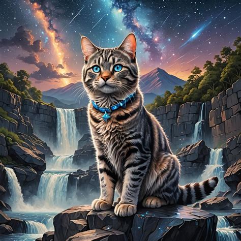 Warrior Cats Grey Tabby Cat Dark Blue Eyes Star Collar Standing On The