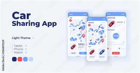 Ridesharing Cartoon Smartphone Interface Vector Templates Set Mobile App Screen Page Day Mode