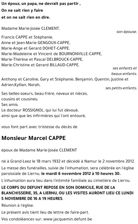 Avis De Décès De Marcel Cappe Décédé Le 02112012 à Namur Annonce Condoléances Fleurs Etc