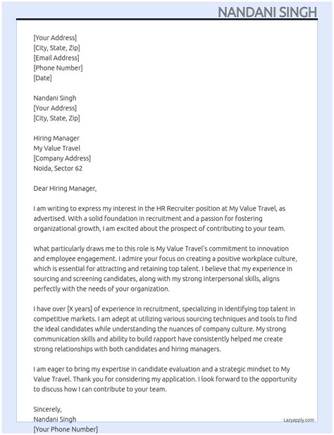 Cover Letter For Hr Recruiter Lazyapply