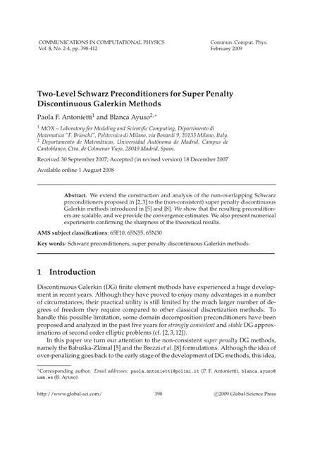 Pdf Two Level Schwarz Preconditioners For Super Penalty Discontinuous Galerkin Methods