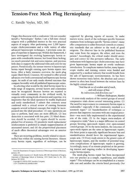 Tension Free Mesh Plug Hernioplasty C Randle Voyles Md Ms Pdf Anesthesia Surgery