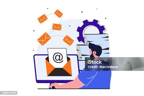 웹 배너 디자인을 위한 최신 플랫 컨셉의 이메일 서비스 남자는 컴퓨터에 앉아있는 동안 들어오는 편지에 읽고 응답합니다 온라인 서신 격리된 사람 장면의 벡터 그림 가상현실에