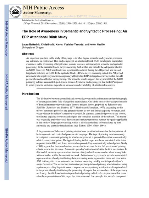 The Role Of Awareness In Semantic And Syntactic Processing Pdf Priming Psychology