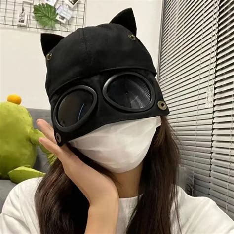 여성 에비에이터 모자 선글라스 유니섹스 워셔블 클리어 뷰 안경 고양이 귀 장식 접이식 챙 코스프레 태양 모자