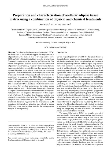 Pdf Preparation And Characterization Of Acellular Adipose Tissue Matrix Using A Combination Of