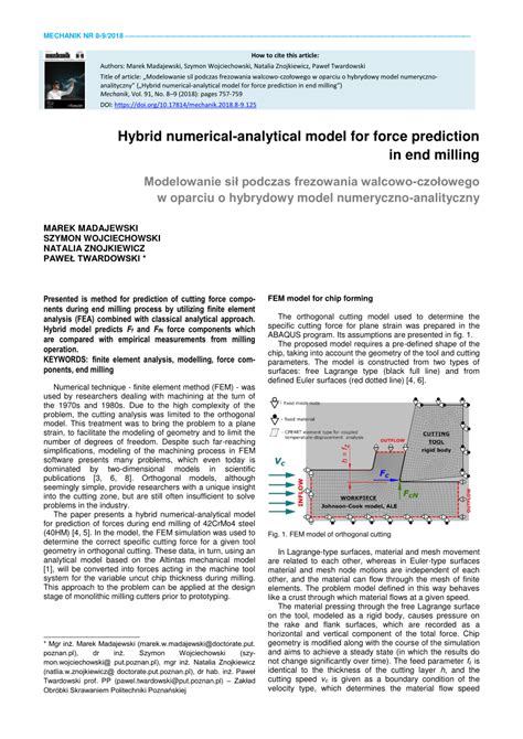 Pdf Hybrid Numerical Analytical Model For Force Prediction In End Milling