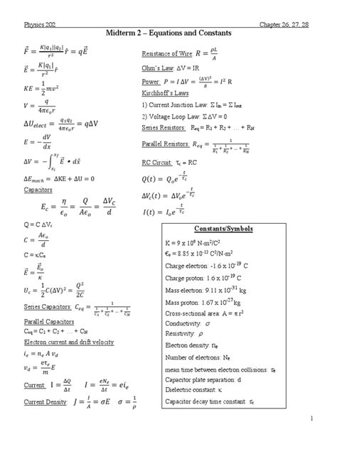 Phys 202 Midterm 2 Equations Pdf Applied And Interdisciplinary Physics Physical Quantities
