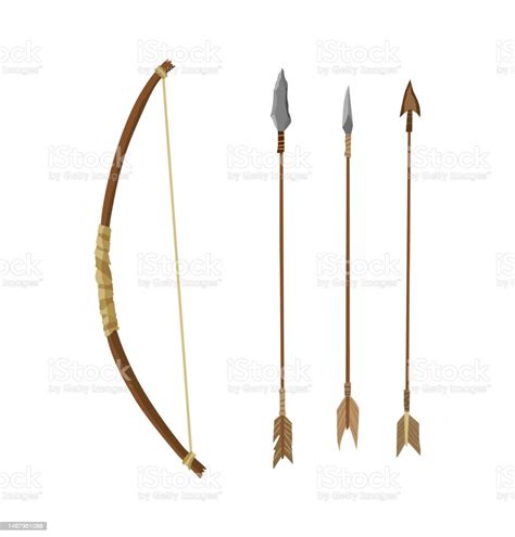 사냥이나 작업을위한 고대 석기 도구 화살이 달린 만화 활 선사 시대 원시인 악기 흰색 배경에 분리된 플랫 스타일의 원시 문화 도구의 벡터 그림 0명에 대한 스톡 벡터 아트