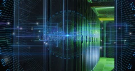 Animation Of Blue Round Scanner And Light Trails Against Computer Server Room Stock Footage