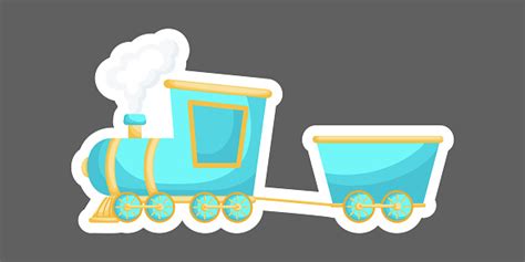 노트북 카드 초대장의 디자인을위한 만화 청록색 열차 만화 이미지로 장식 된 귀여운 스티커 템플릿 플랫 스타일 심플한 디자인의 다채로운 기차 플랫 벡터 스톡 일러스트레이션 0