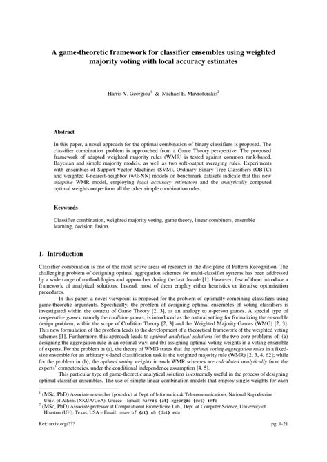 pdf a game theoretic framework for classifier ensembles using weighted majority voting with