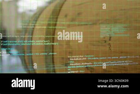 Starting With Shot Showing Wooden Barrel Receiving Green Grid Overlay Scrolling Pale Code Blocks