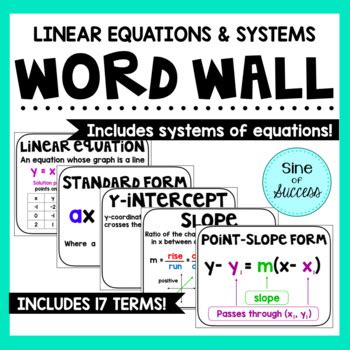 Linear Equations And Systems Of Equations Word Wall Posters By Sine Of Success