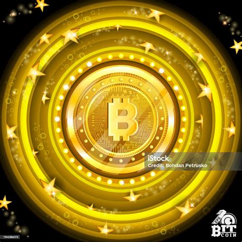 Golden Bit Coin In The Center Of Yellow Round Frames With Stars Stock