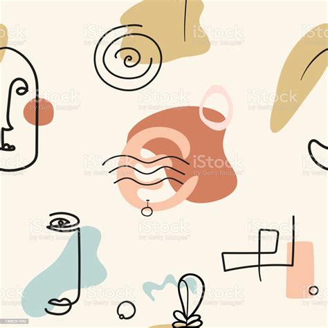 라인 아트 스타일의 추상적 인 모양 선 및 얼굴의 매끄러운 패턴 0명에 대한 스톡 벡터 아트 및 기타 이미지 0명 관상용 풀 그래픽 프린트 Istock