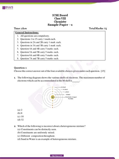 Icse Class 8 Chemistry Sample Paper 1 Pdf Solubility Atoms