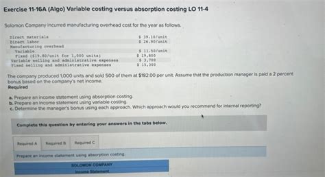 Solved Exercise A Algo Variable Costing Versus Chegg