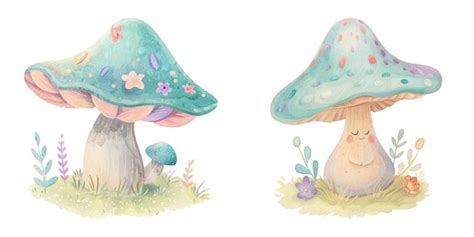 귀여운 버섯 수채 터 일러스트레이션 프리미엄 벡터