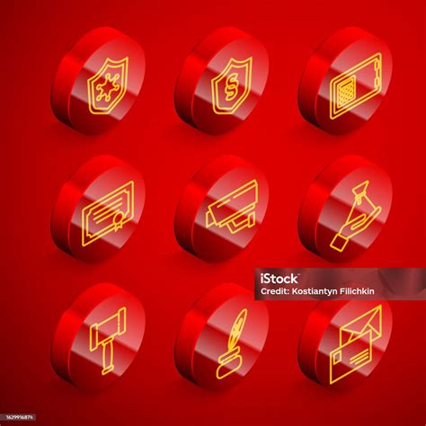 라인 경찰 배지 방패 안전 인증서 템플릿 보안 카메라 뇌물 돈 가방 판사 망치 및 깃털 및 잉크병 아이콘을 설정합니다 벡터 3차원 형태에 대한 스톡 벡터 아트 및 기타